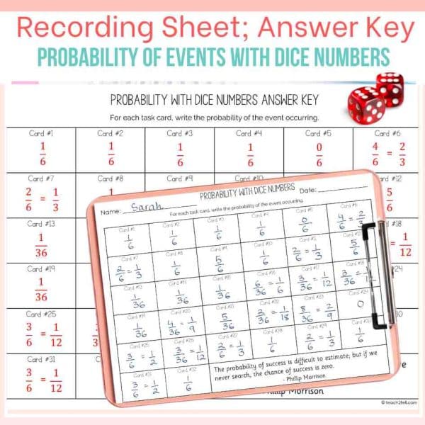 Theoretical Probability with Dice Activity – 32 Task Cards